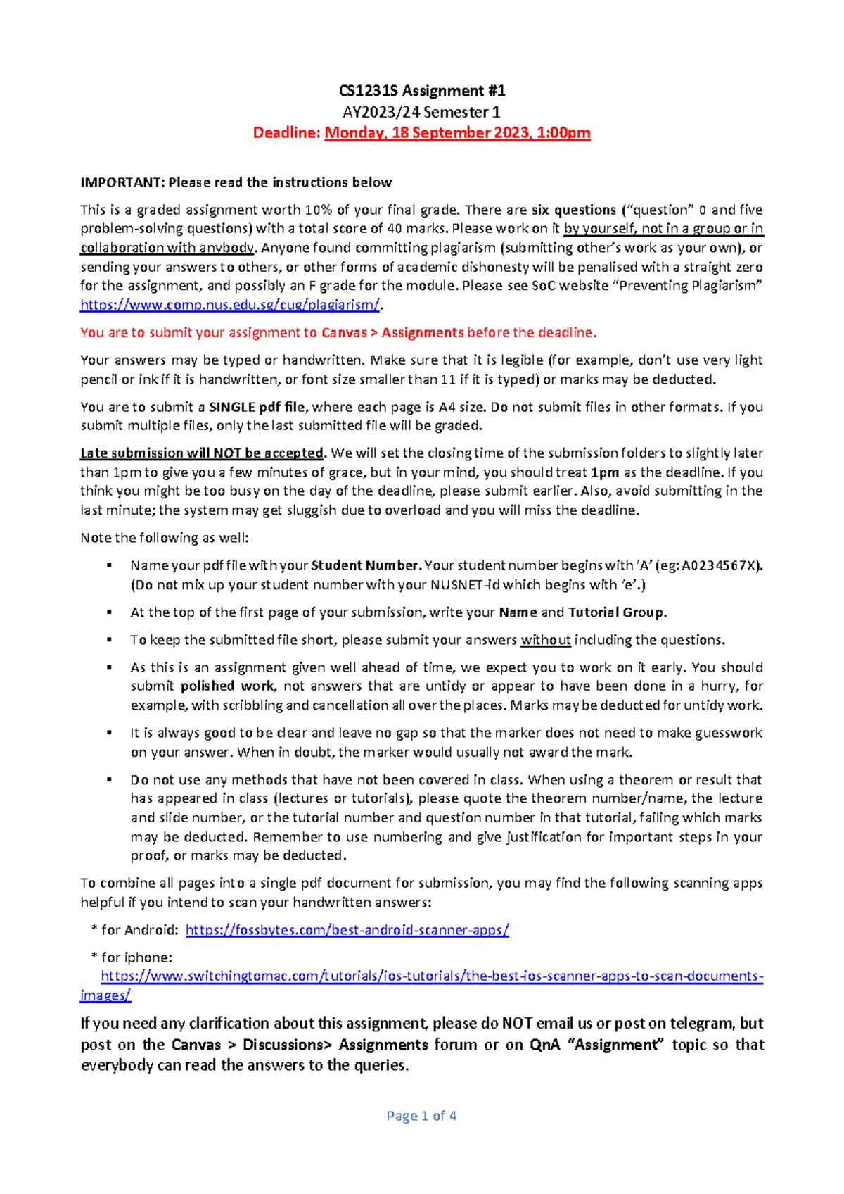 CS1231S Assignment 1 (AY23/24S1) - CS1231S Assignment # AY20 23 /2 4 Semester 1 Deadline: Monday ...
