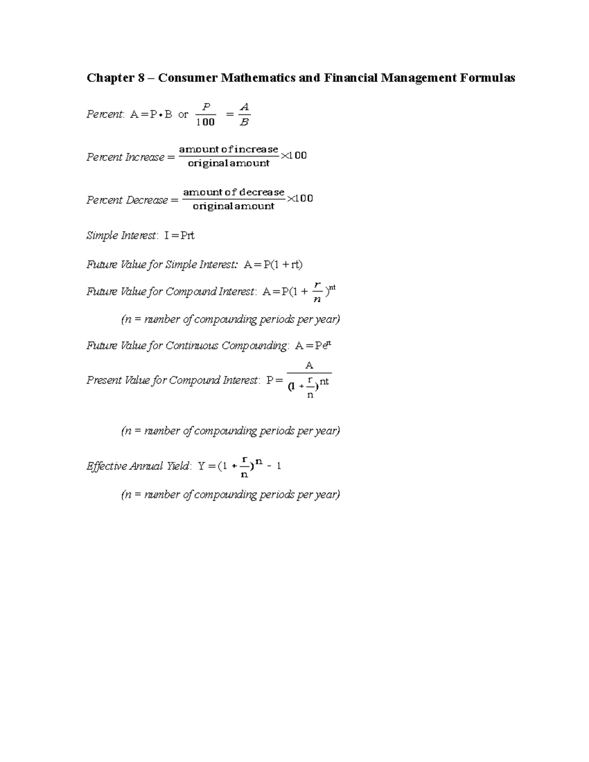 Chpt 8 - Financial Formulas - Chapter 8 – Consumer Mathematics And