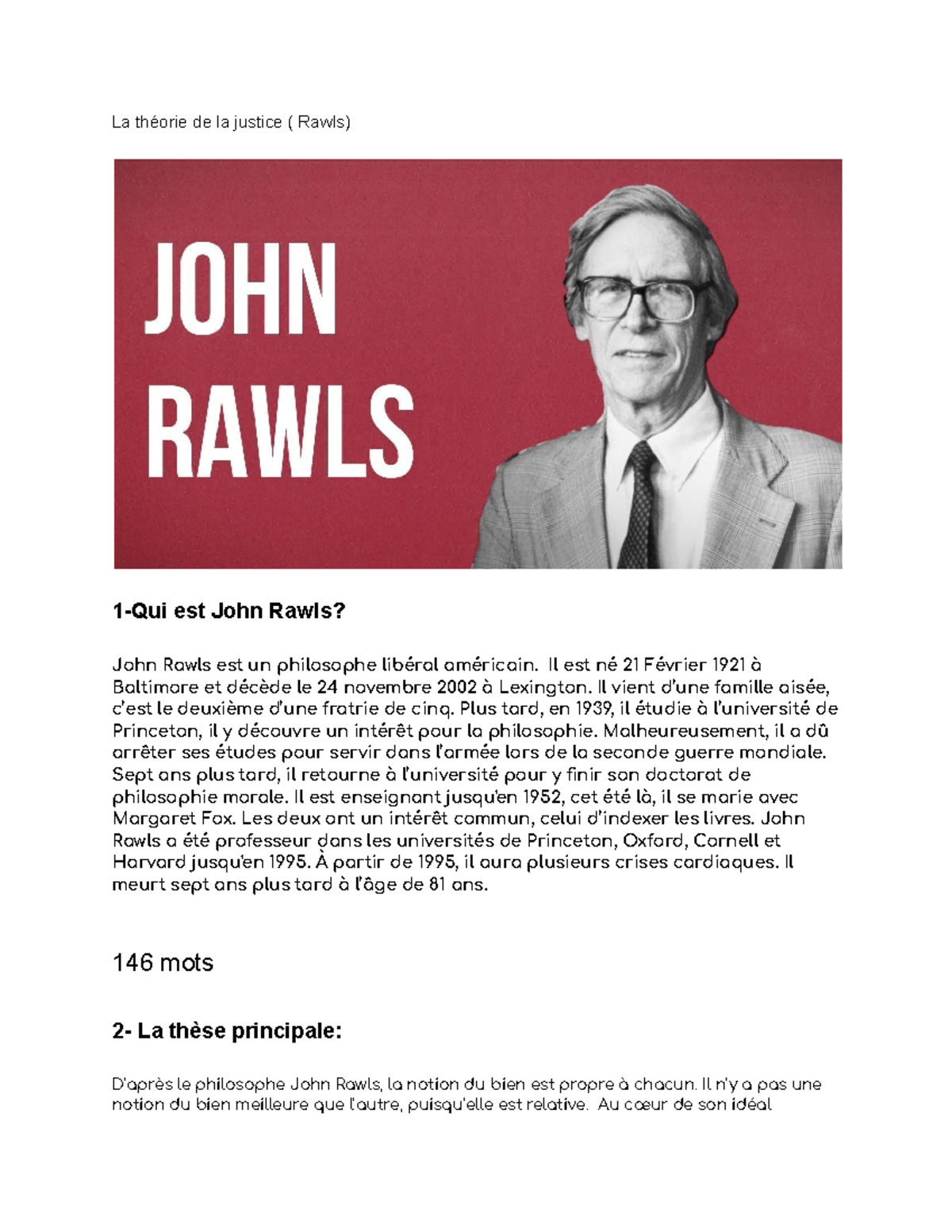 Fiche de lecture Rawls - Dissertation - La théorie de la justice ( Rawls) 1-Qui est John Rawls ...