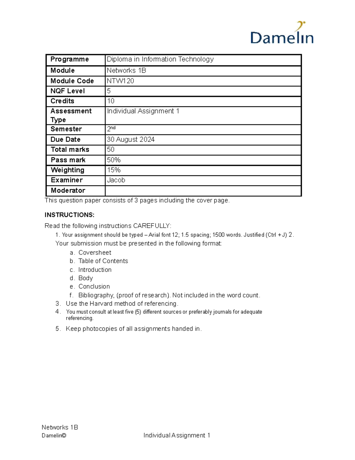 Networks 1B Assignment 1 - Networks 1B Damelin© Individual Assignment 1 Programme Diploma in ...
