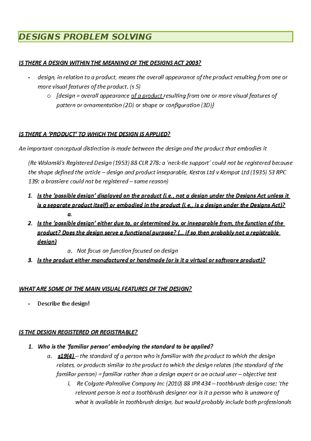 IP LAW - Designs Exam Answer Guide - Distinction - DESIGNS PROBLEM ...