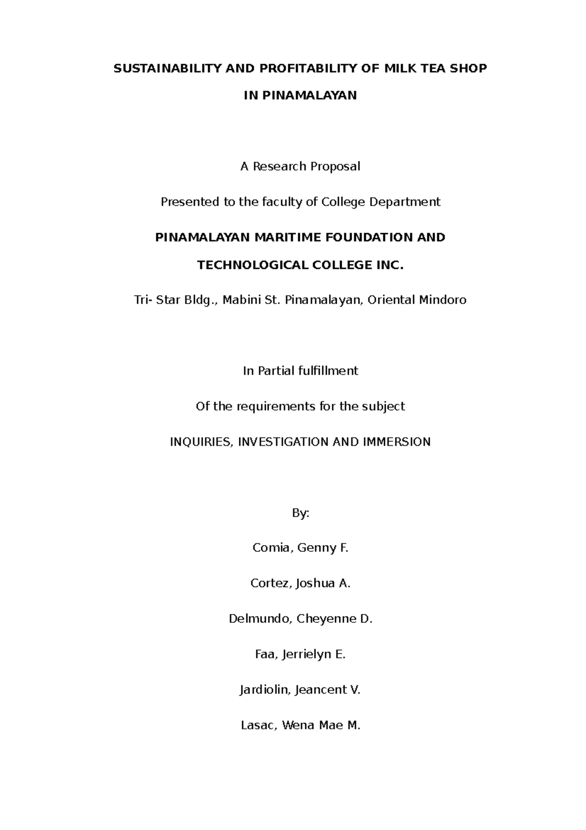 Final Chapter 1 3 Sustainablity AND Profitability OF MILK TEA SHOP IN final-chapter-1-3-sustainablity-and-profitability-of-milk-tea-shop-in