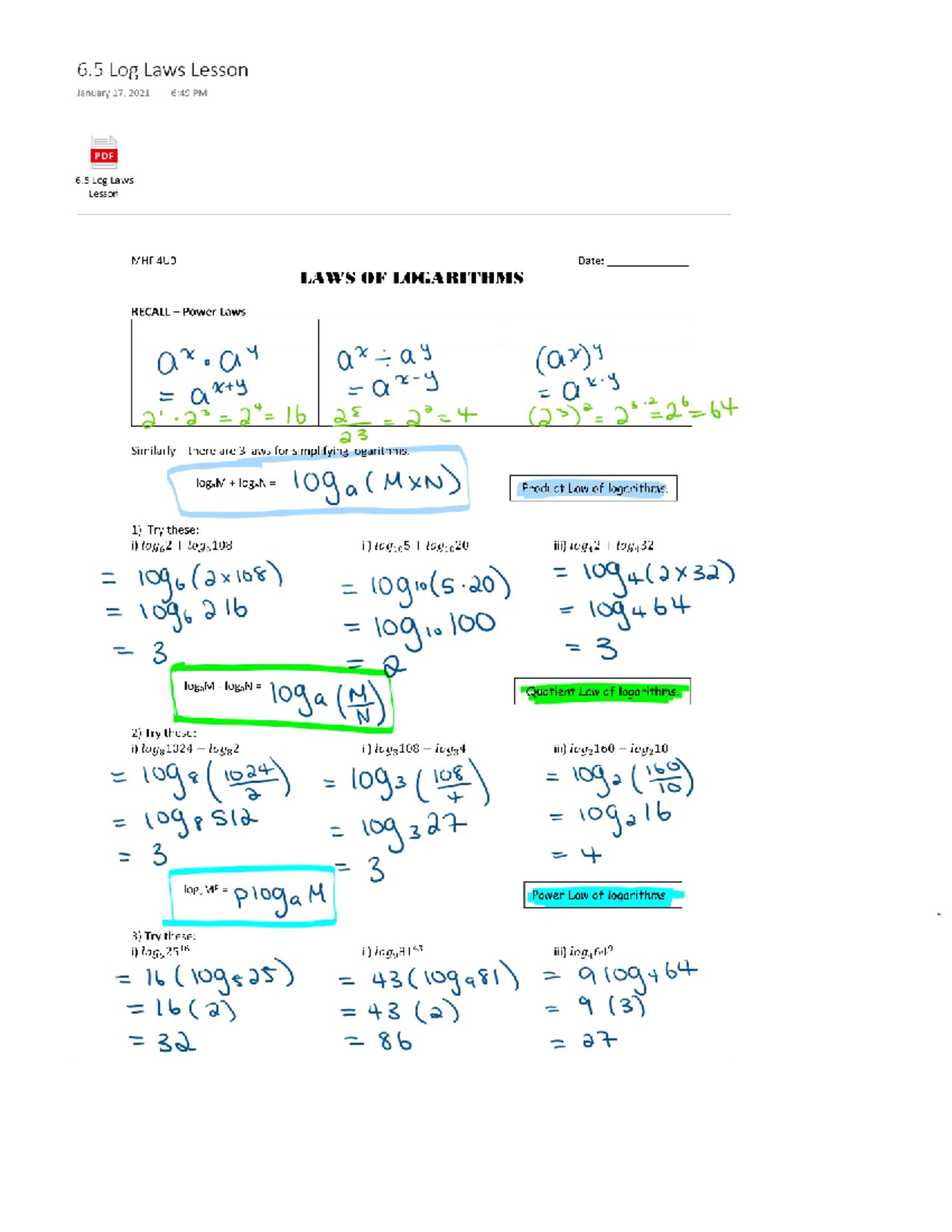 6.5 Filled Log Laws Lesson - Math 1Ls3 - Studocu
