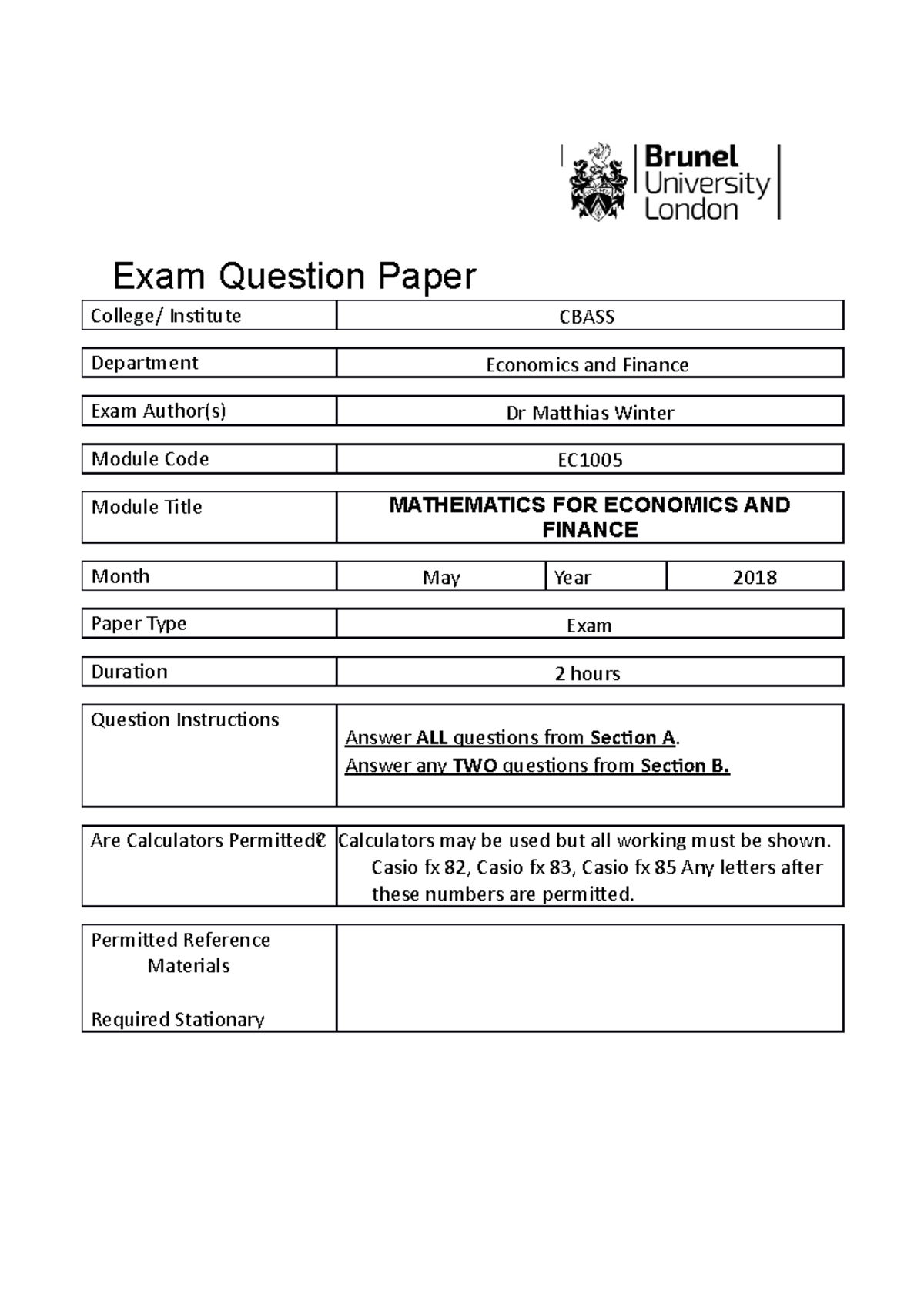 EC1005 May 2018 - past exam paper 2018 - Exam Question Paper College ...