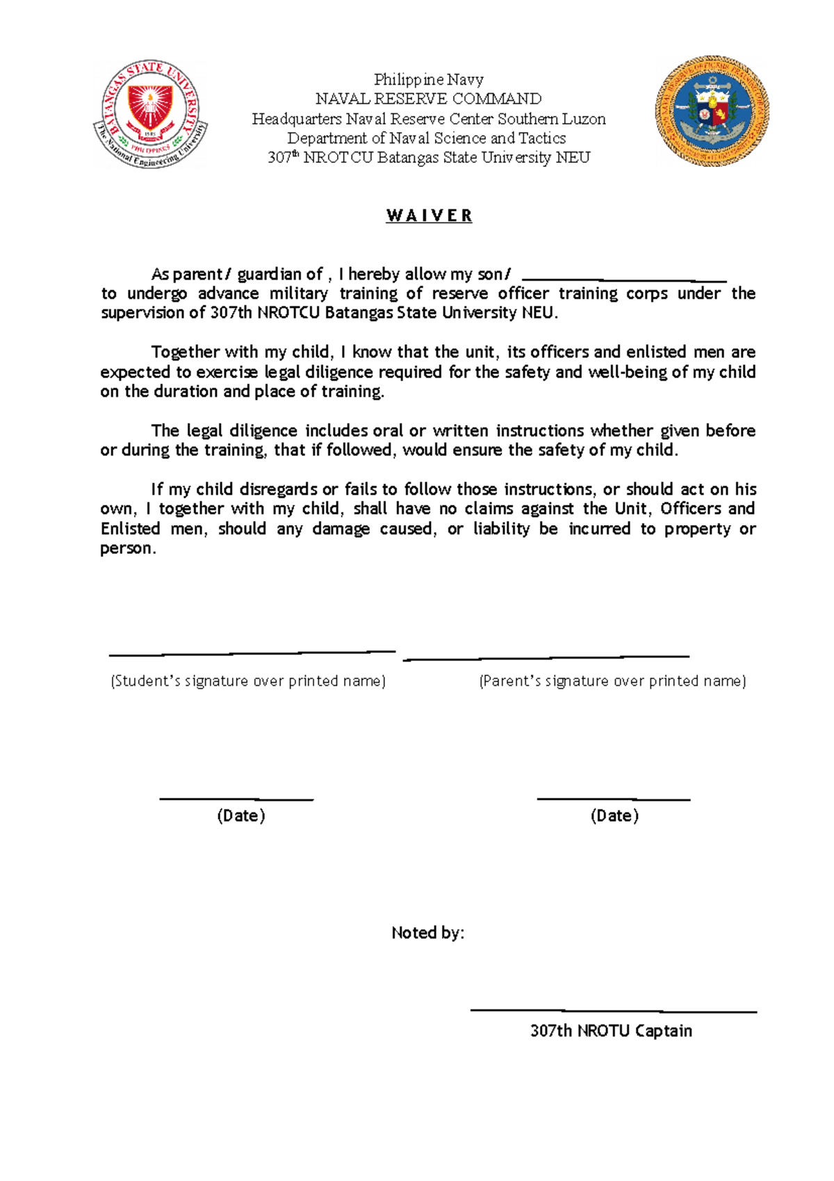 Waiver - thank you - Philippine Navy NAVAL RESERVE COMMAND Headquarters ...