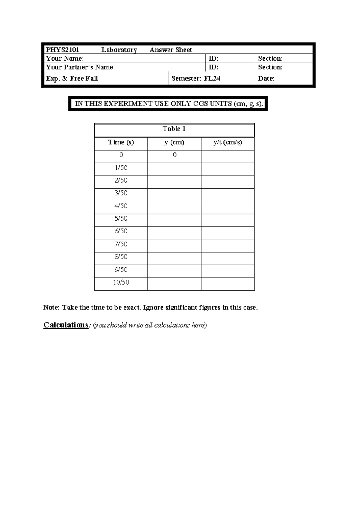 PHYS2101 Expt 3 Free Fall-Answer sheet FL24 - General physics ...