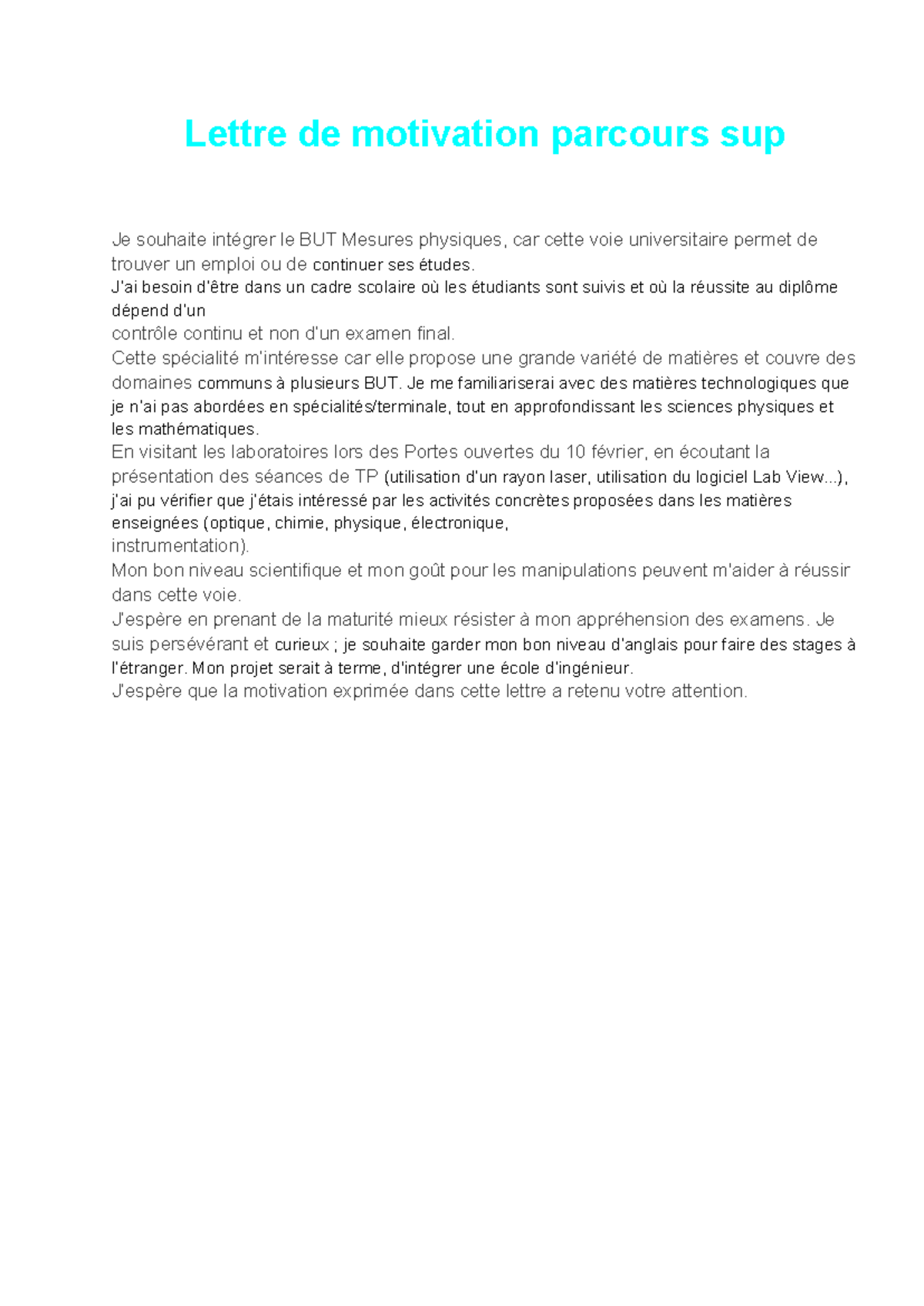 Lettre parcours sup (1) - Lettre de motivation parcours sup Je souhaite ...
