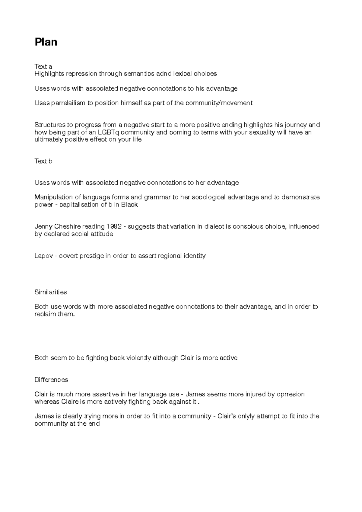 English Language individual variation James and claire comparison ...