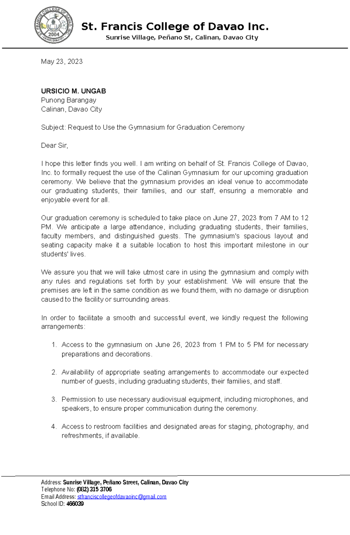 Letter for barangay for grad - St. Francis College of Davao Inc ...