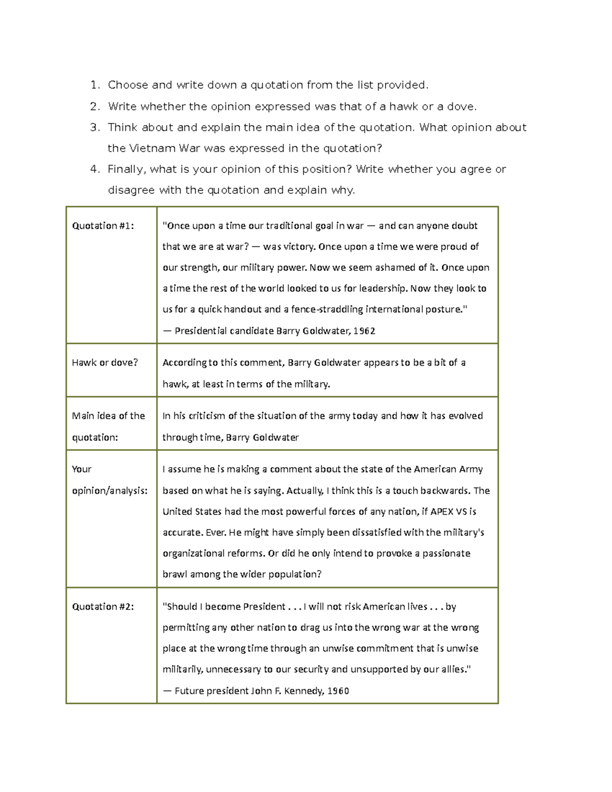 5.1.5 Practice Hawks and Doves - Choose and write down a quotation from ...