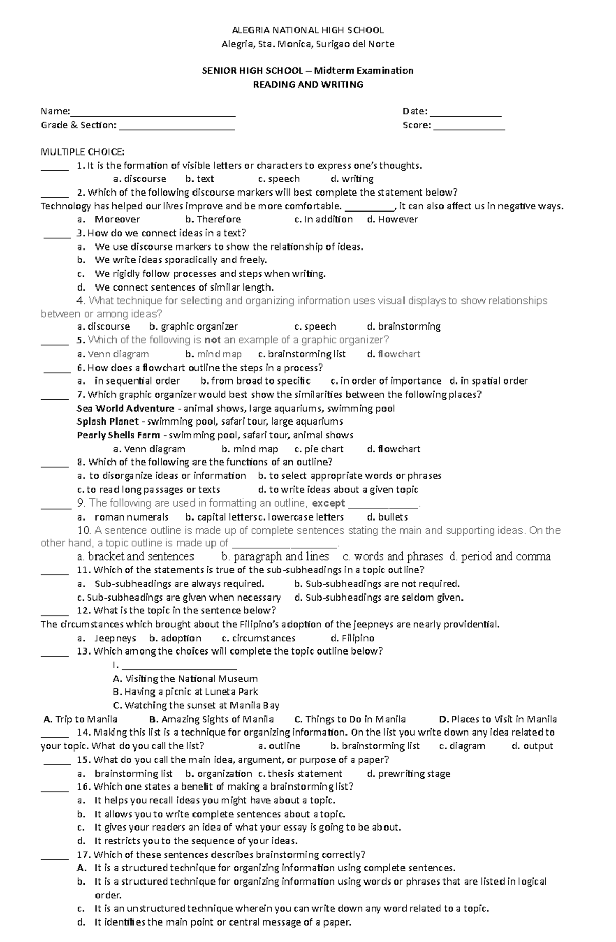 R Eading and Writing Midterm test - ALEGRIA NATIONAL HIGH SCHOOL ...