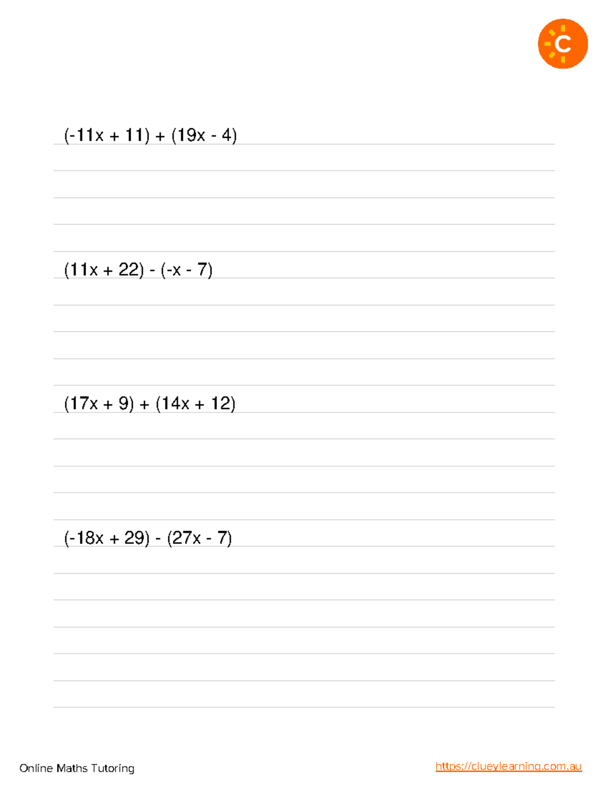 Year 10 Algebra Maths Worksheet Add Subtract Polynomials clueylearning ...