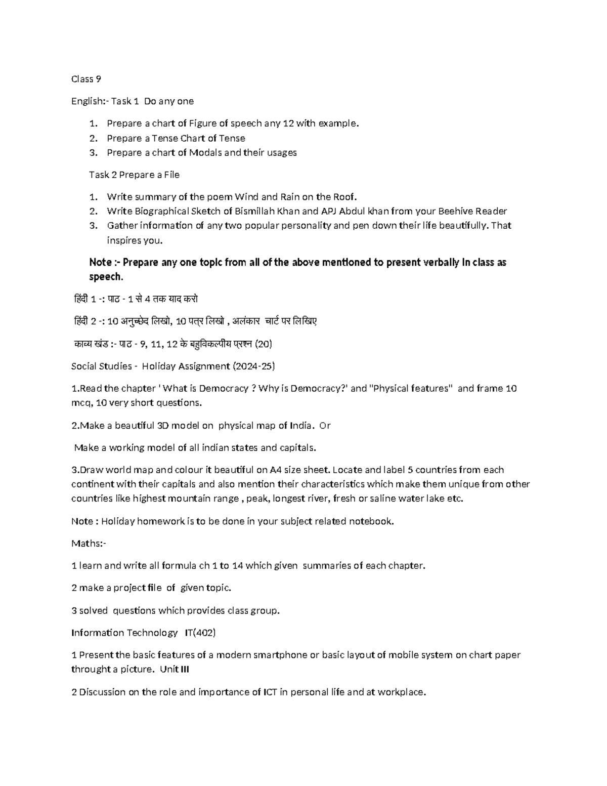 Holiday Homework class 9 - Class 9 English:- Task 1 Do any one 1. Prepare a chart of Figure of ...