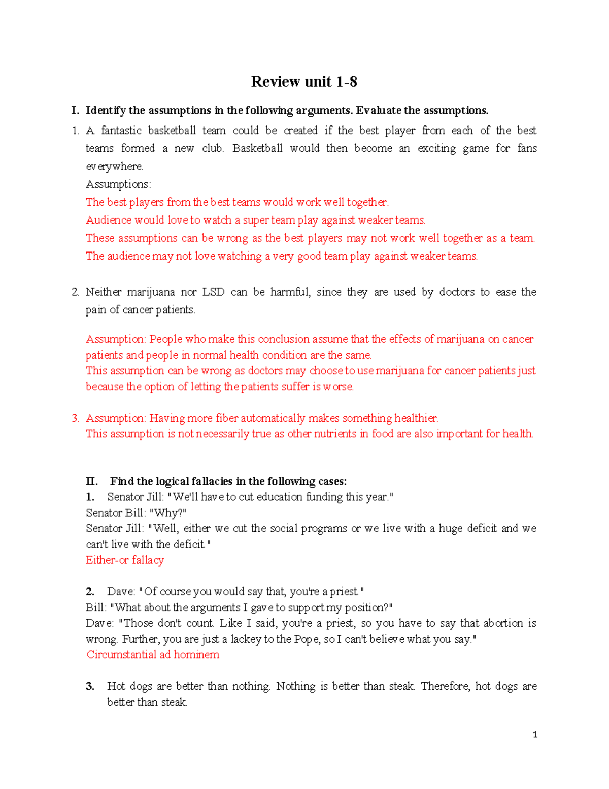 Review Fallacies Key - Review unit 1- I. Identify the assumptions in ...