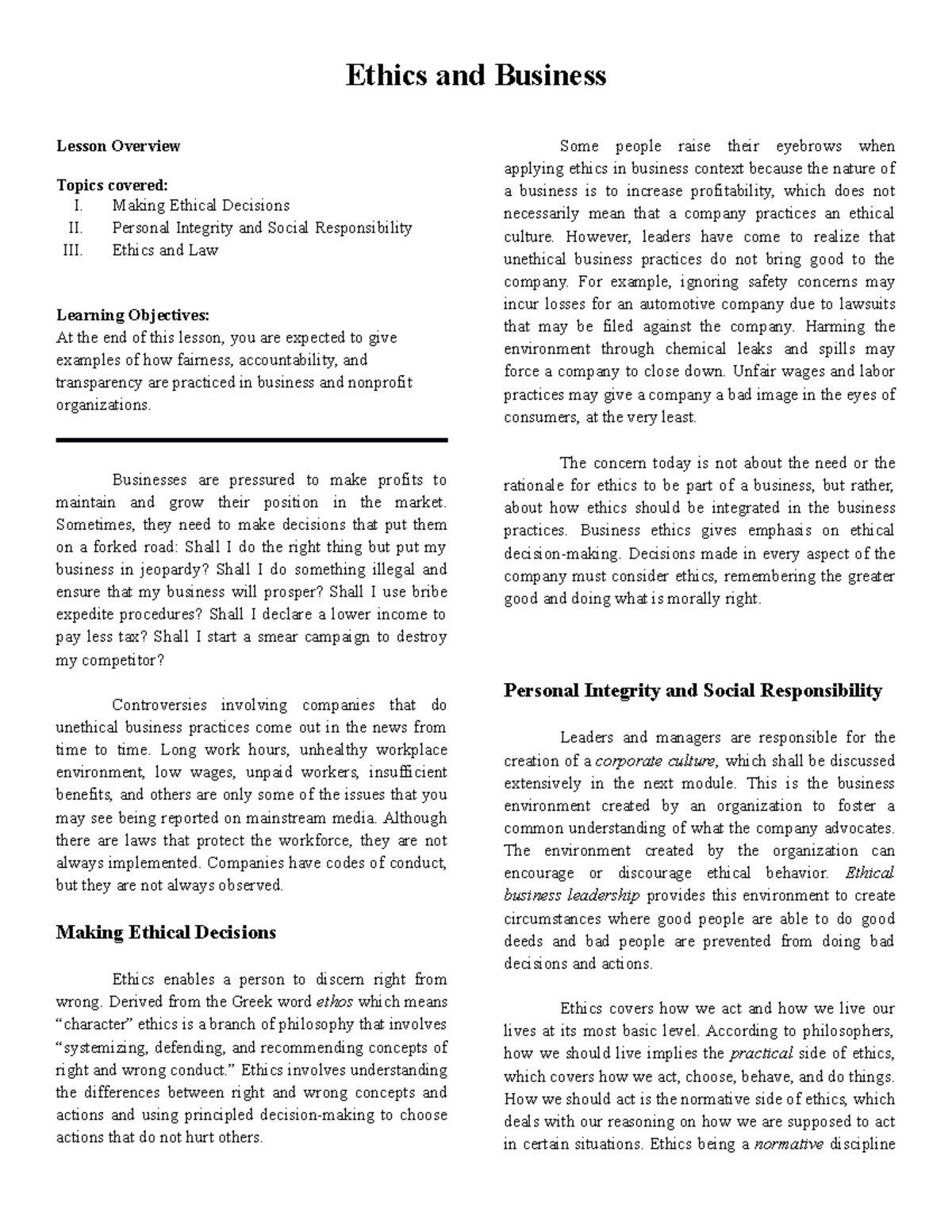 Business Ethics and Corporate Social Responsibility Lesson-2 - Lesson ...