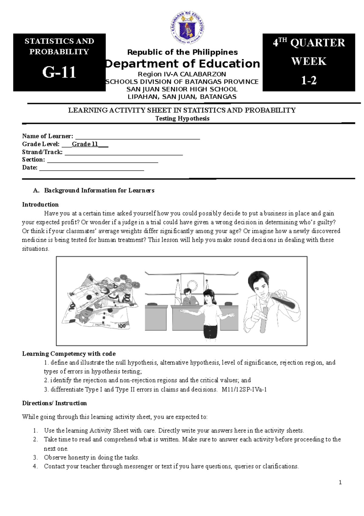 4th statistics week 1 2 LAS - Republic of the Philippines Department of ...