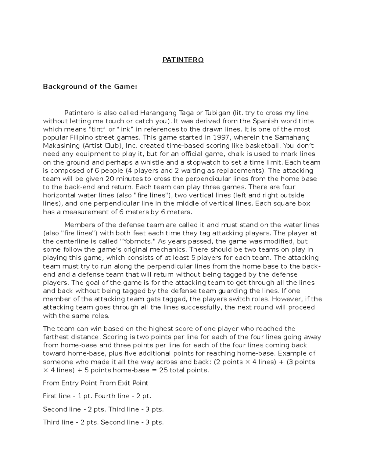 HOPE4 WW2 FILIPINO TRADITIONAL GAMES - PATINTERO Background of the Game ...