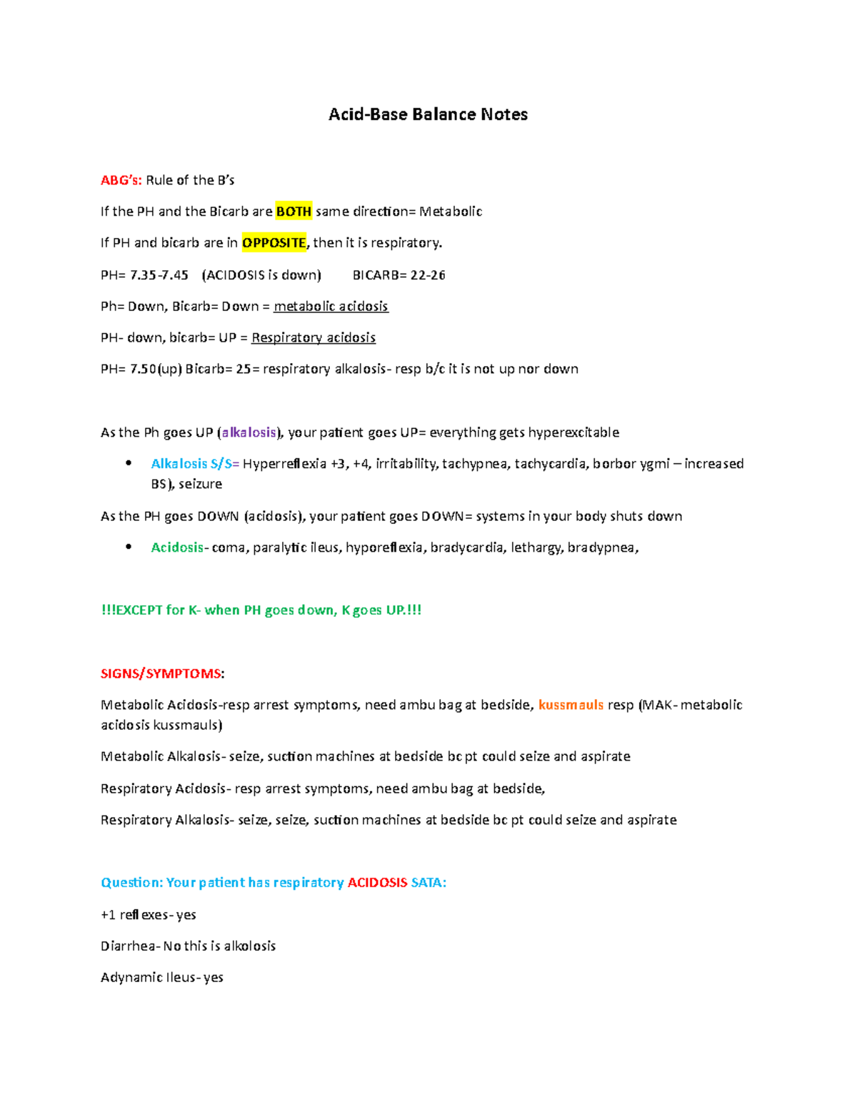 Klimek Notes Acid-Base Balance Lecture - Acid-Base Balance Notes ABG’s ...