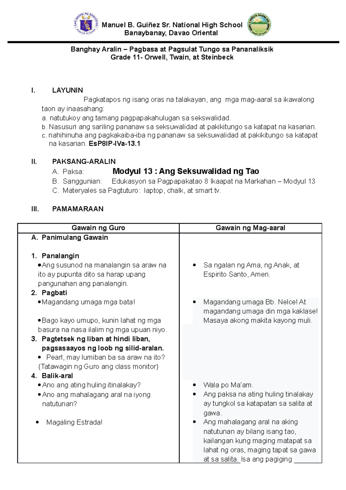 Filipino Lesson PLAN - DLP - Manuel B. Gui渃̀ez Sr. National High School ...