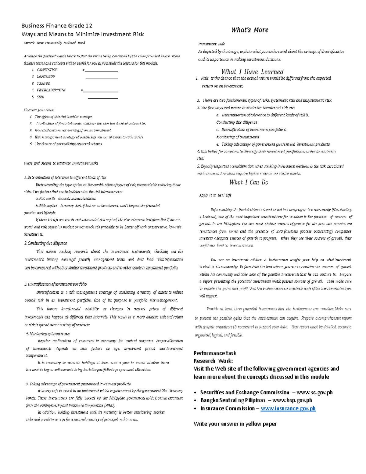 Business Finance Grade 12 Ways and Means to Minimize Investment Risk ...