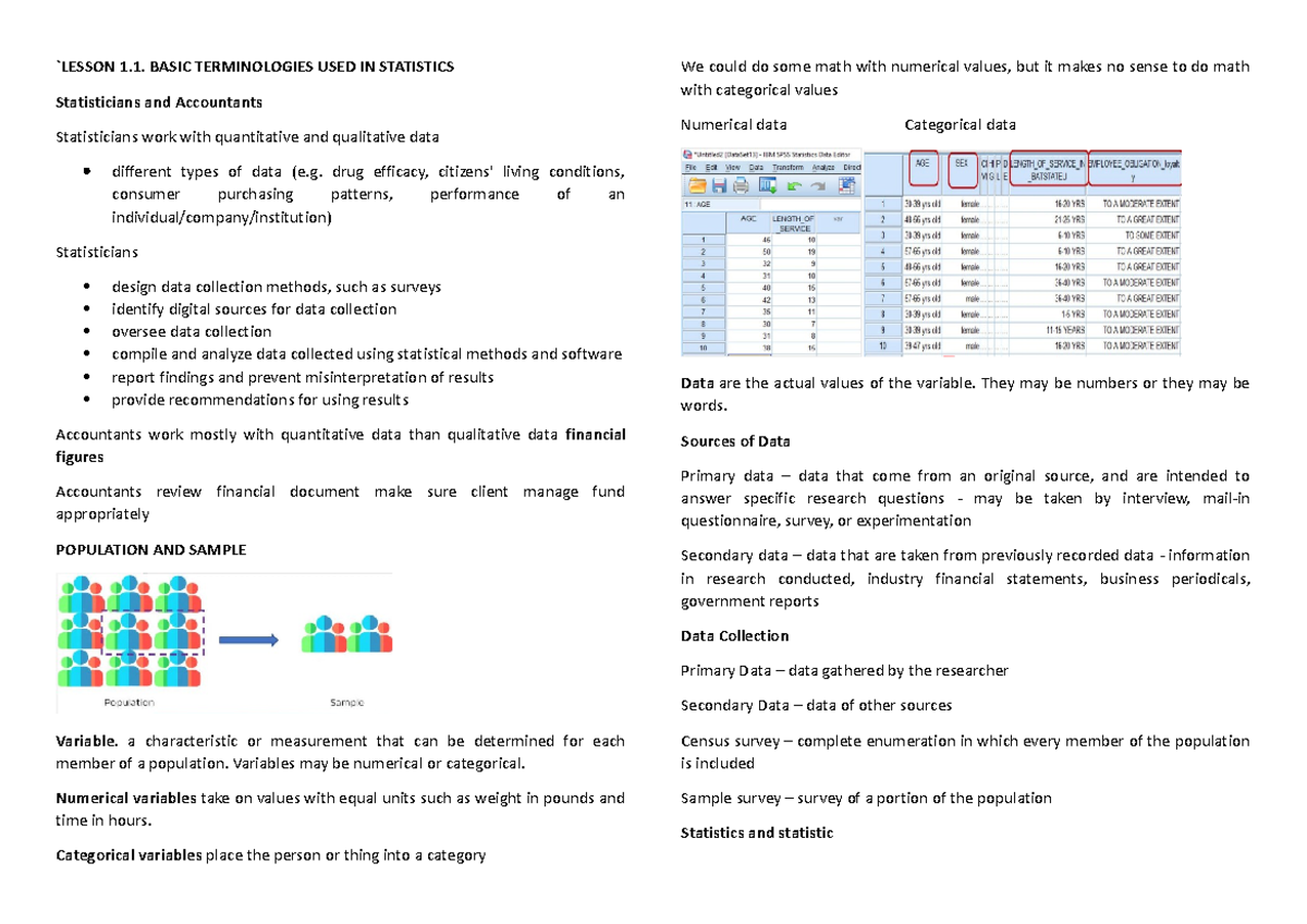 Statistical Analysis Notes Chap 1 - `LESSON 1. BASIC TERMINOLOGIES USED ...