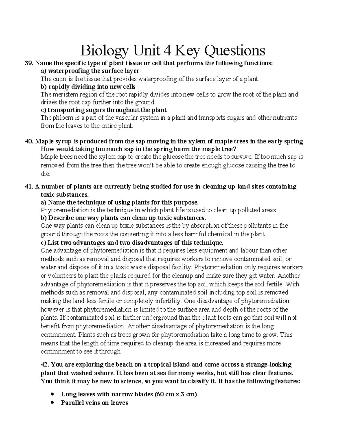 Biology Unit 4 Key Questions - Biology Unit 4 Key Questions Name the ...