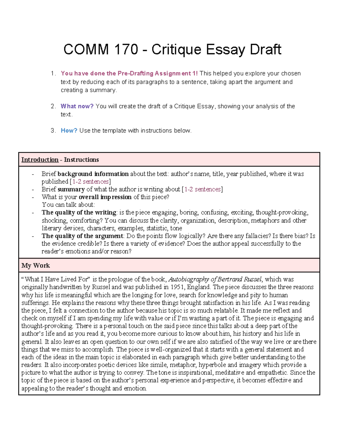 Critique Essay Draft Final - COMM 170 - Critique Essay Draft You have done the Pre-Drafting ...