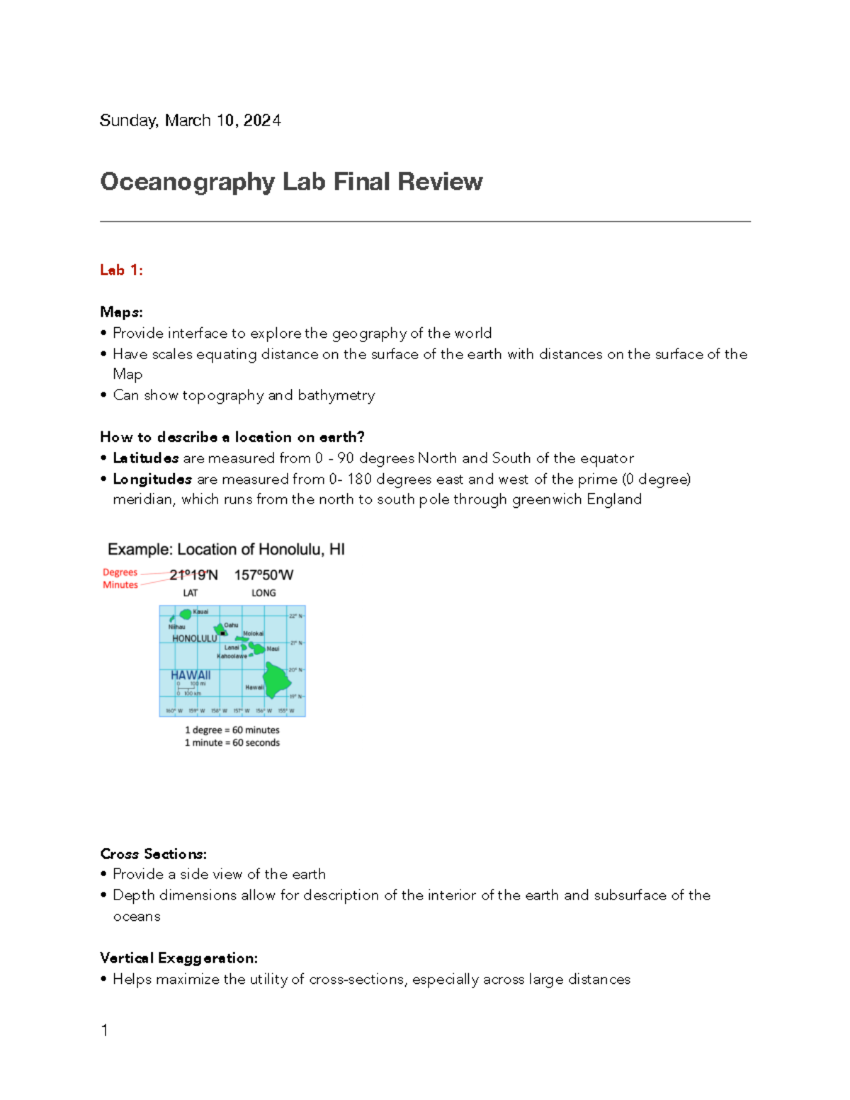 EPS SCI 15- LAB Final Review - Sunday, March 10, 2024 Oceanography Lab Final Review Lab 1: Maps ...