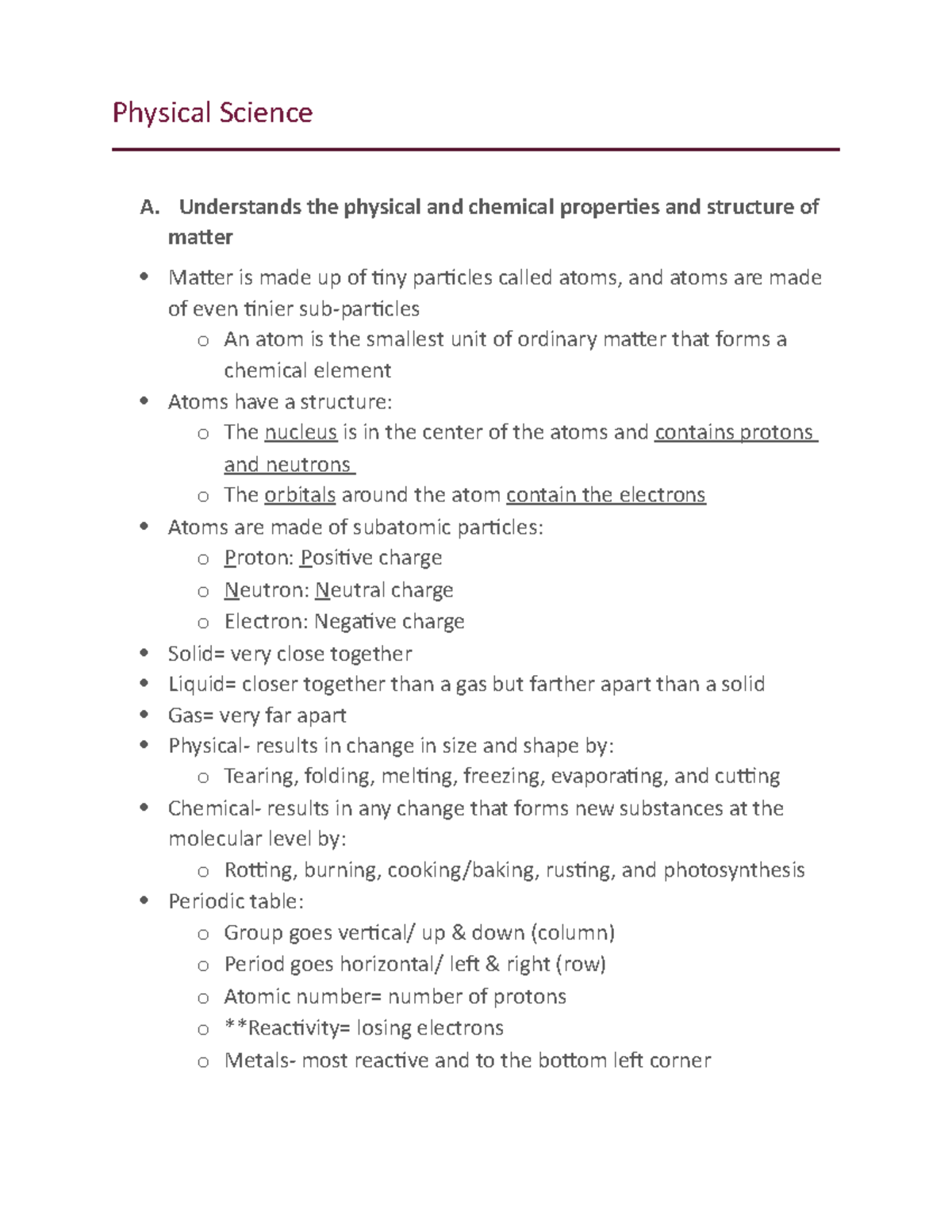 Science notes 3 - Test prep materials - Physical Science A. Understands ...