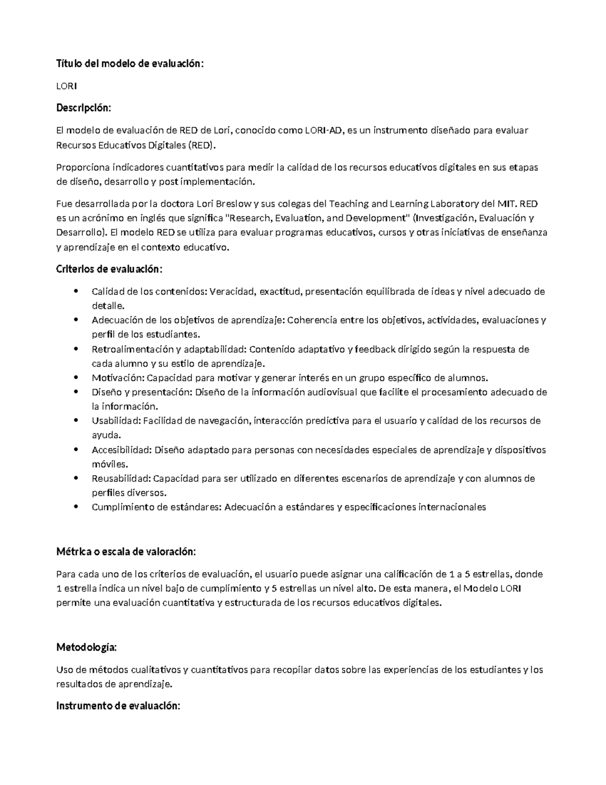 Modelos de evaluación LORI y Reeves - Título del modelo de evaluación ...
