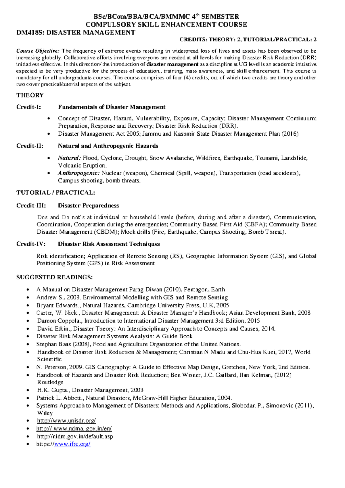 Disaster Management 4th Sem Syllabus, University of Kashmir - BSc/BCom ...