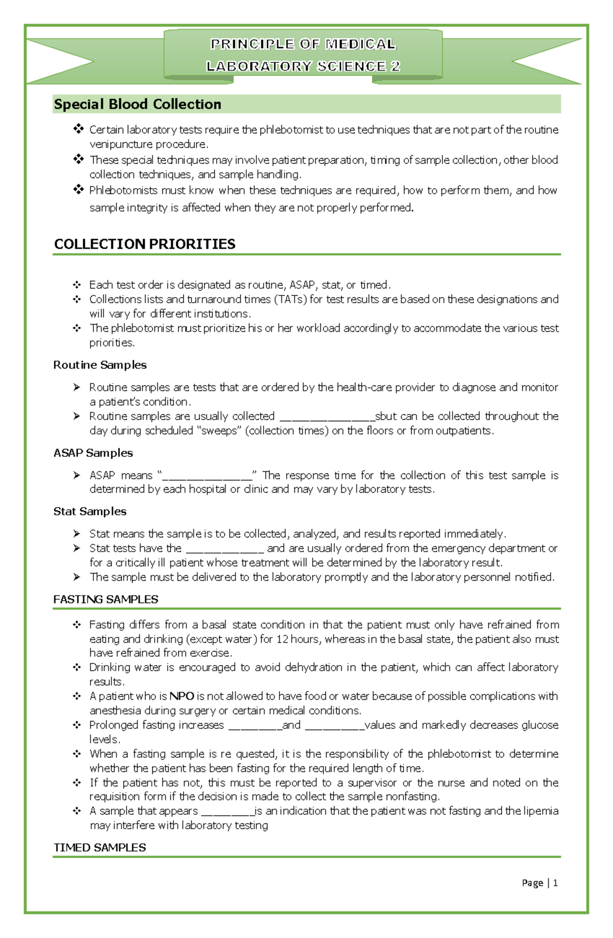 Lesson 3 Pmlss 2 Special Blood Collection Certain Laboratory Tests
