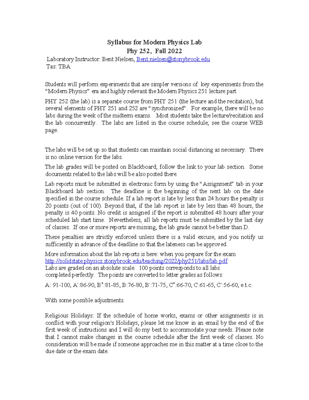 PHY252 Syllabus Fall2022 - Syllabus for Modern Physics Lab Phy 252, Fall 2022 Laboratory ...