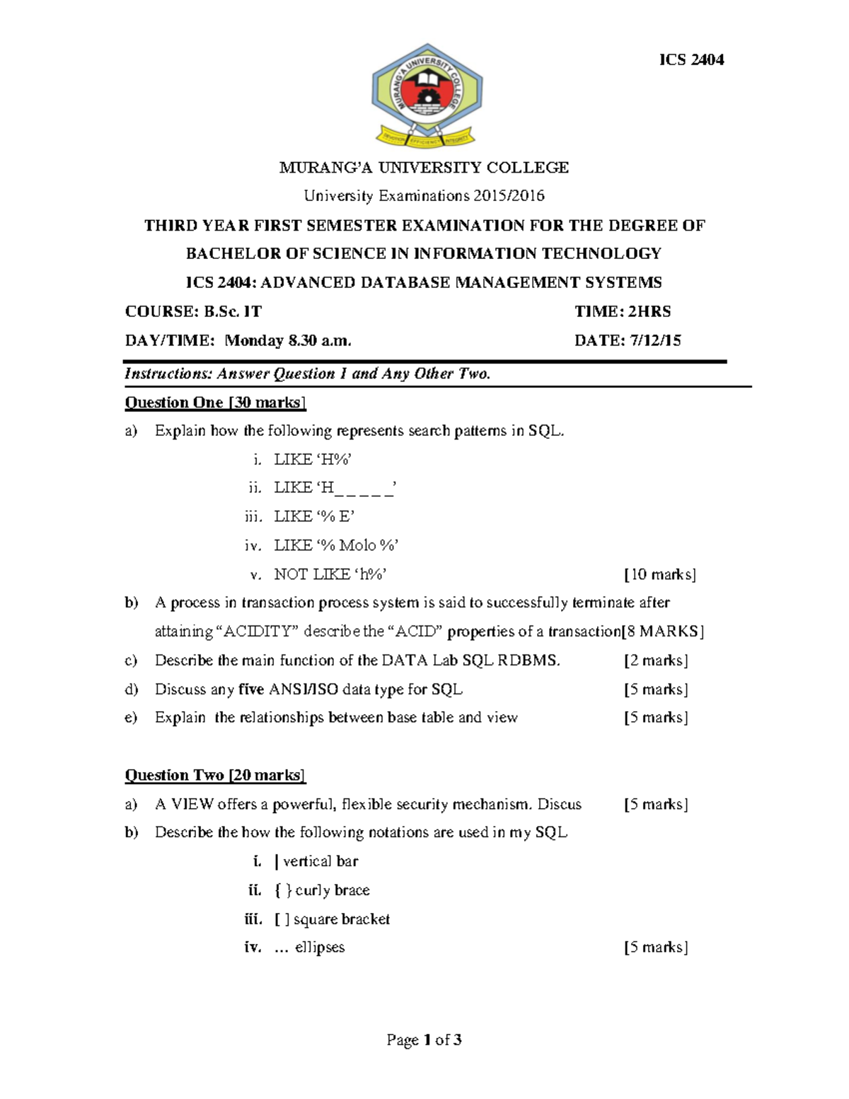 ICS 2404 Advanced Database Management Systems Exam - ICS 2404 Page 1 of ...