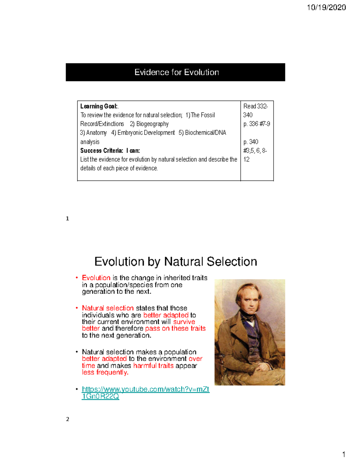 Lesson 6 Proof of Evolution to fossils 2020 - Evidence for Evolution ...
