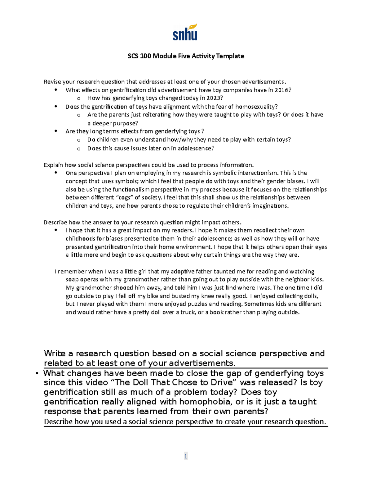 SCS 100 Module Five Activity Template - SCS 100 Module Five Activity Template Revise your ...
