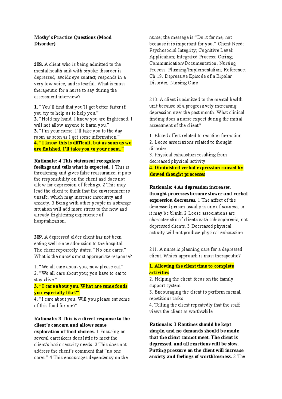 MOOD Disorder Practice Questions - Mosby’s Practice Questions (Mood ...