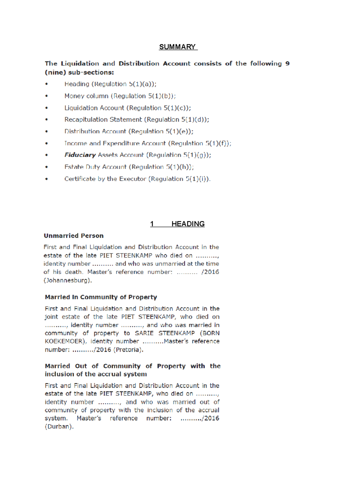 Liquidation & Distribution Account - Template - SUMMARY 1 HEADING 2 ...
