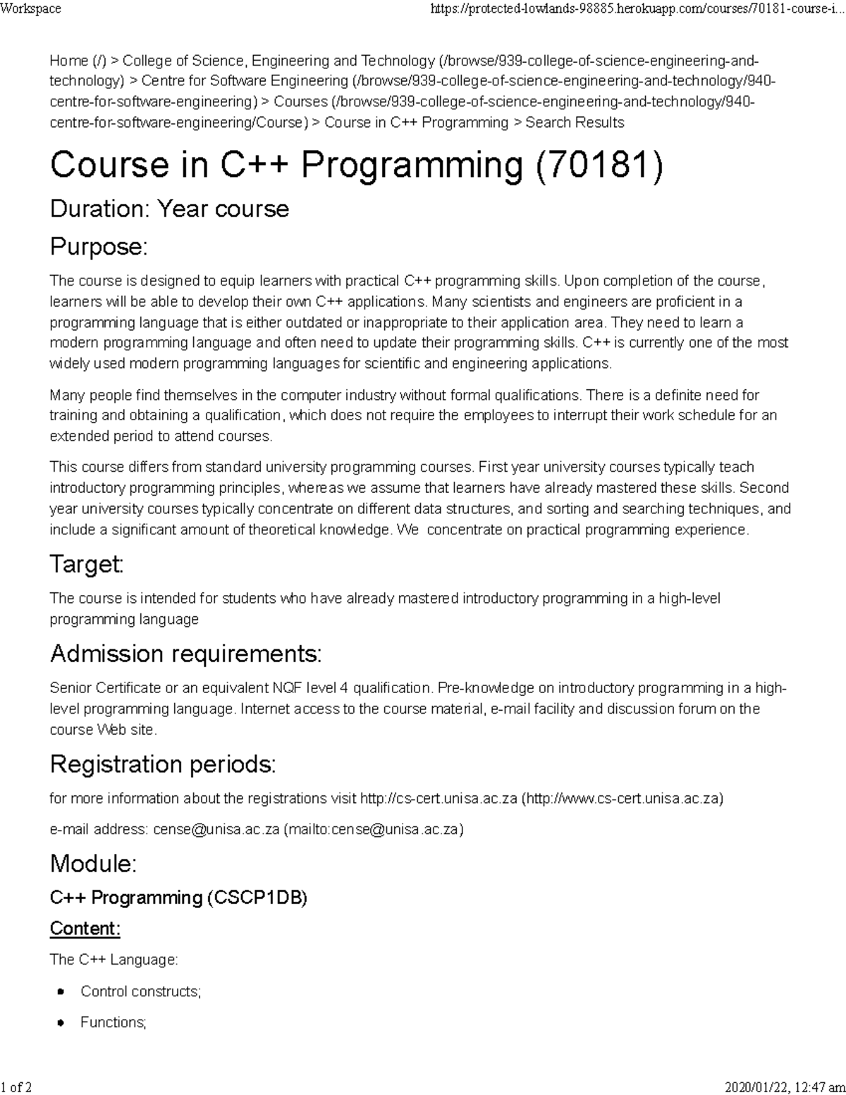 C++ programming Workspace - COS 1512 - Unisa - Studocu