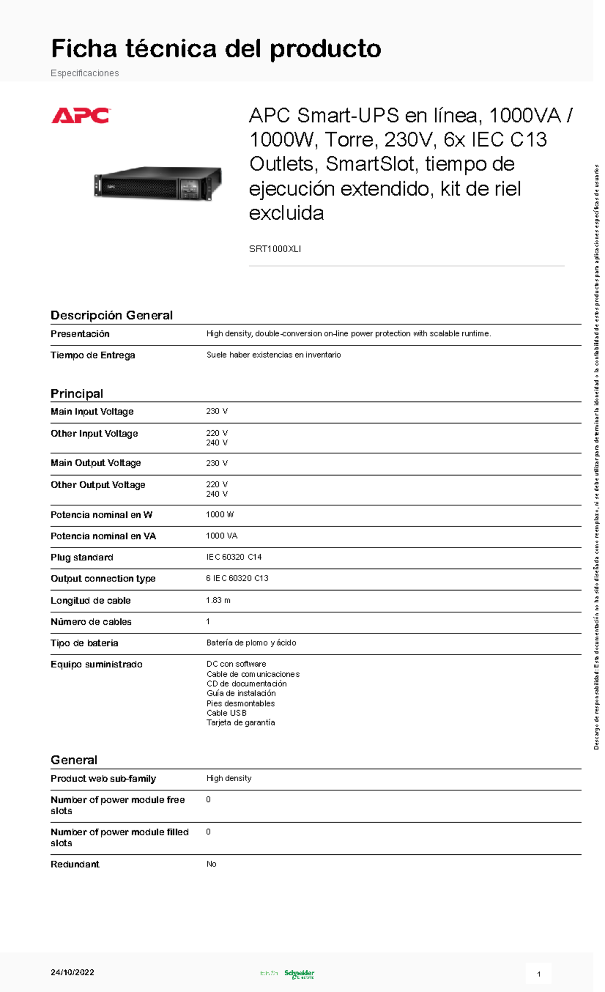 Smart-UPS en línea SRT1000XLI - Ficha técnica del producto Especificaciones APC Smart-UPS en ...