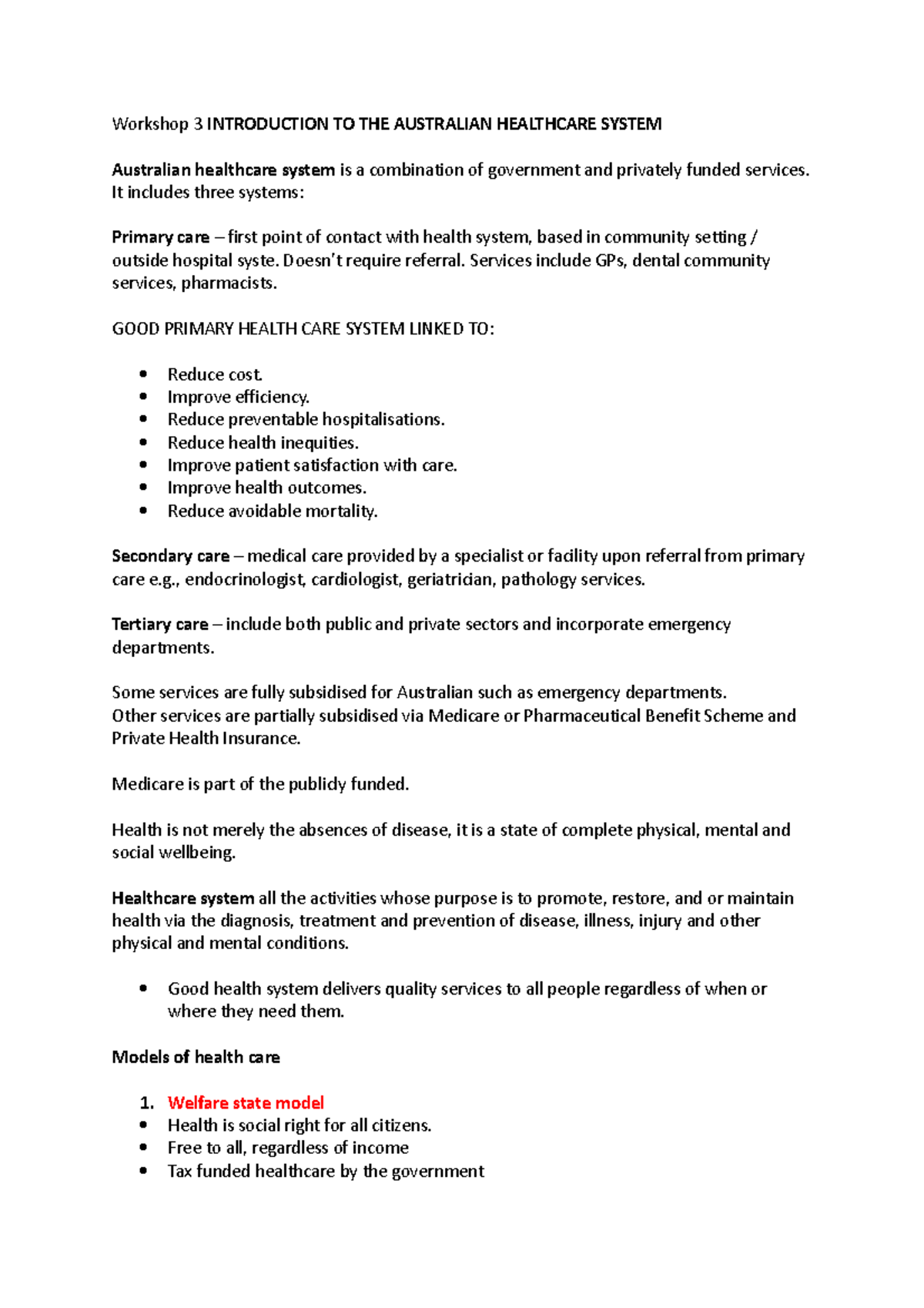 Workshop 3 Introduction TO THE Australian Healthcare System - Workshop ...