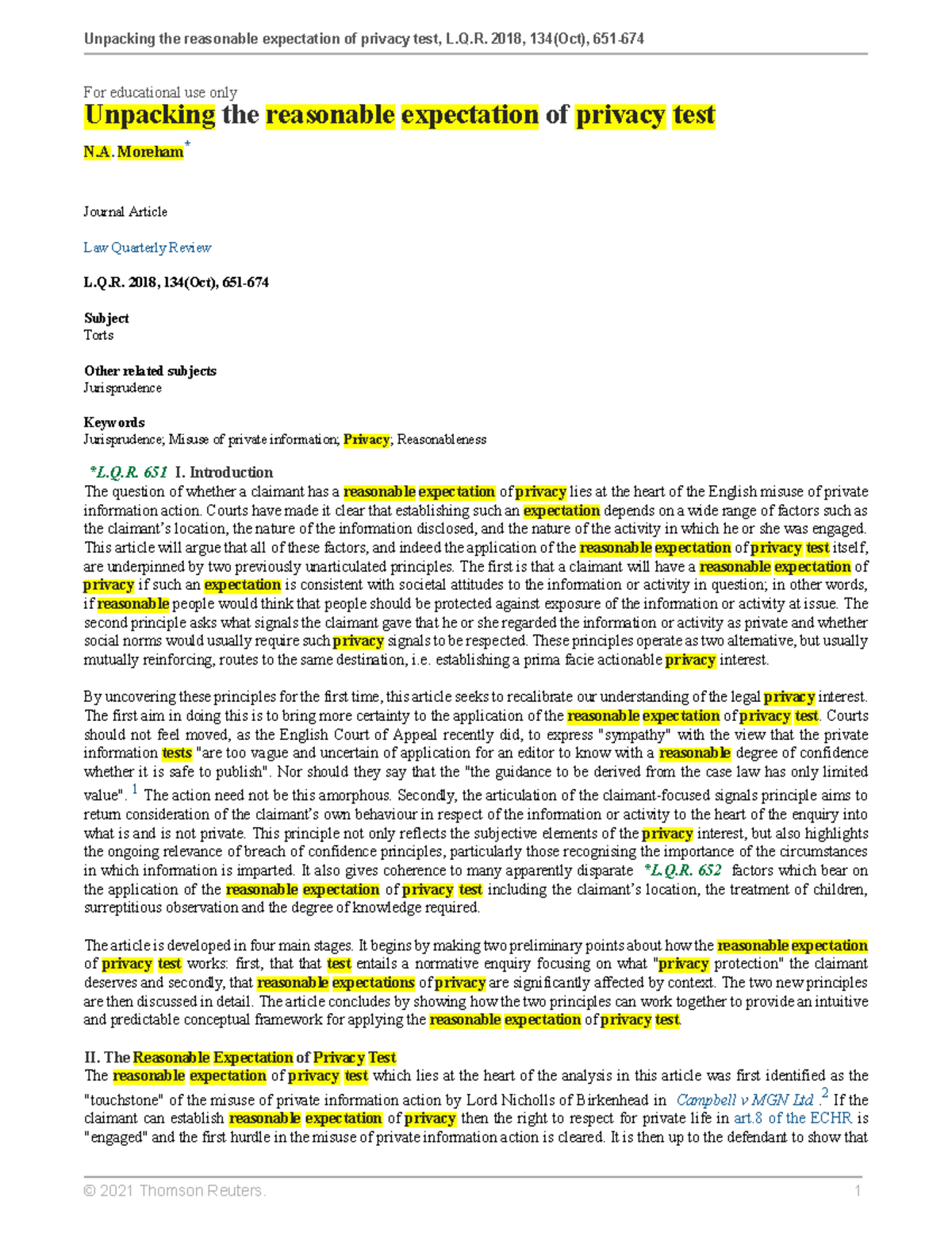 Unpacking the reasonable expectation of privacy test - Moreham* Journal ...