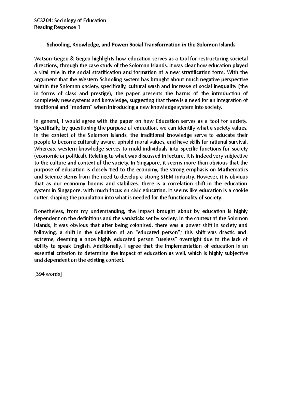 Jane Tng SC3204 Reading Response 1 - SC3204: Sociology of Education ...