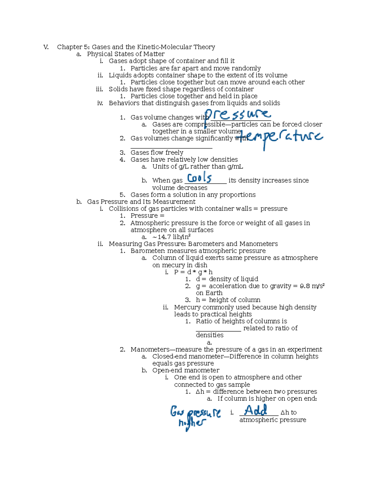 Chapter 5 Outline - V. Chapter 5: Gases and the Kinetic-Molecular ...