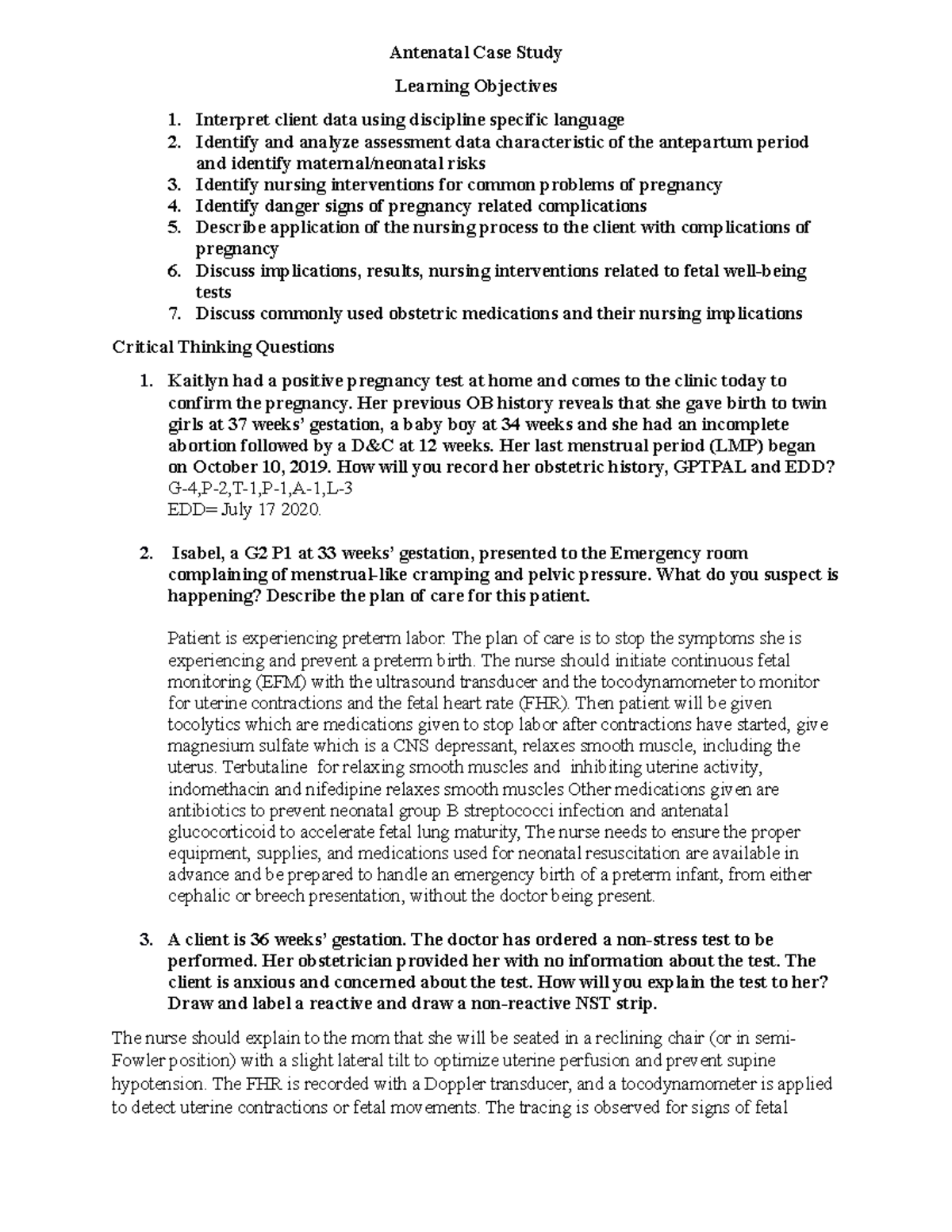 Antenatal Case Study 2020 - Antenatal Case Study Learning Objectives 1 ...