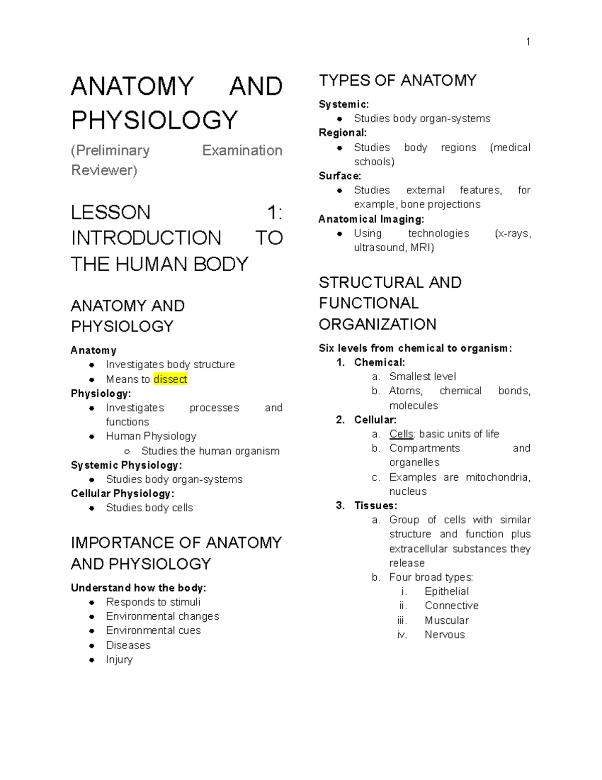Anaphy Reviewer 052623 - ANATOMY AND PHYSIOLOGY (Preliminary ...