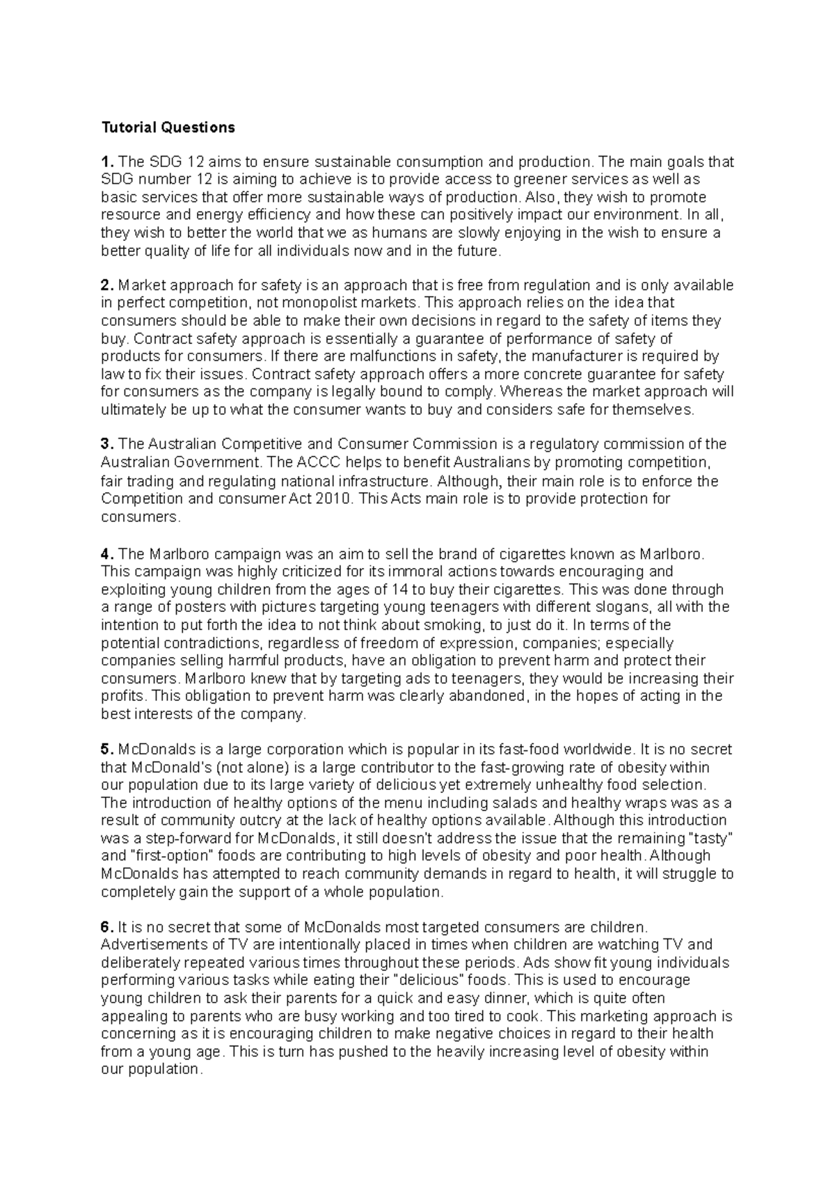 Tutorial Questions week 10 - Tutorial Questions 1. The SDG 12 aims to ...