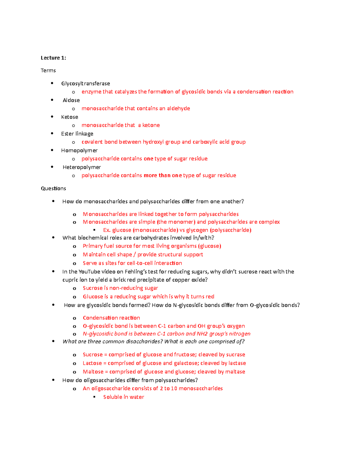 Bio Chem Test 3 Study Guide - Lecture 1: Terms Glycosyltransferase o ...