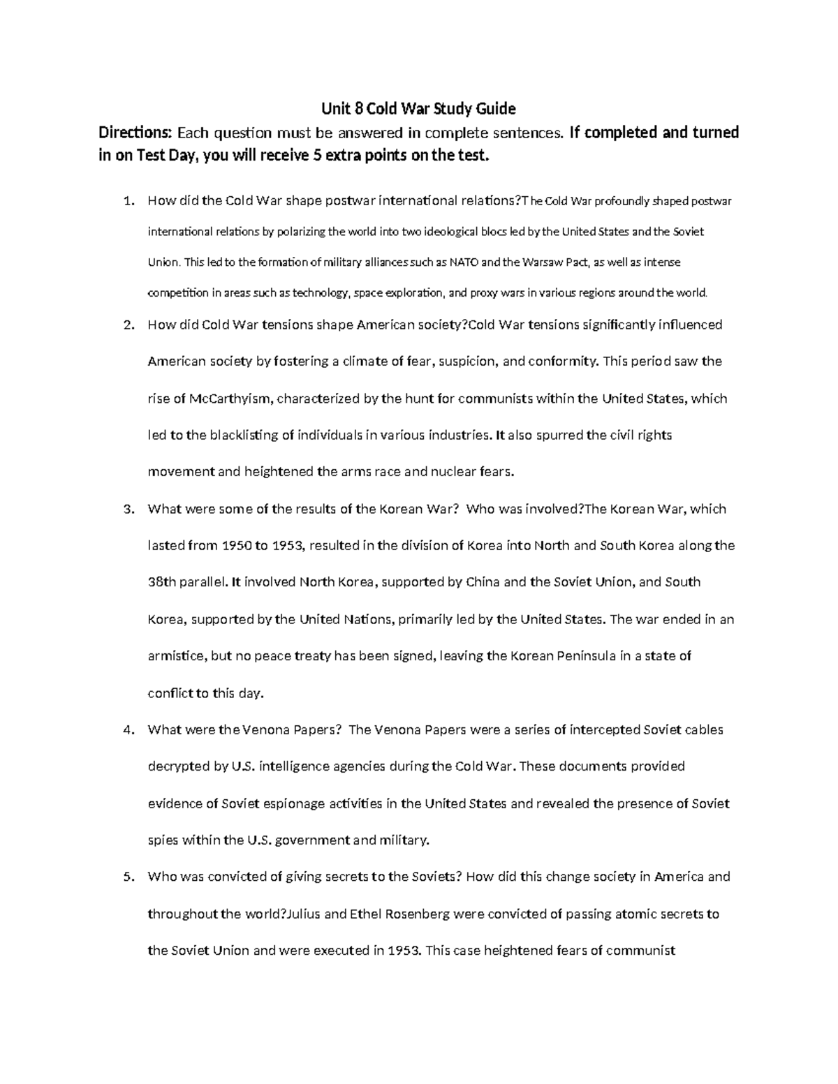 Unit 8 Cold War Review 2024 - Unit 8 Cold War Study Guide Directions ...