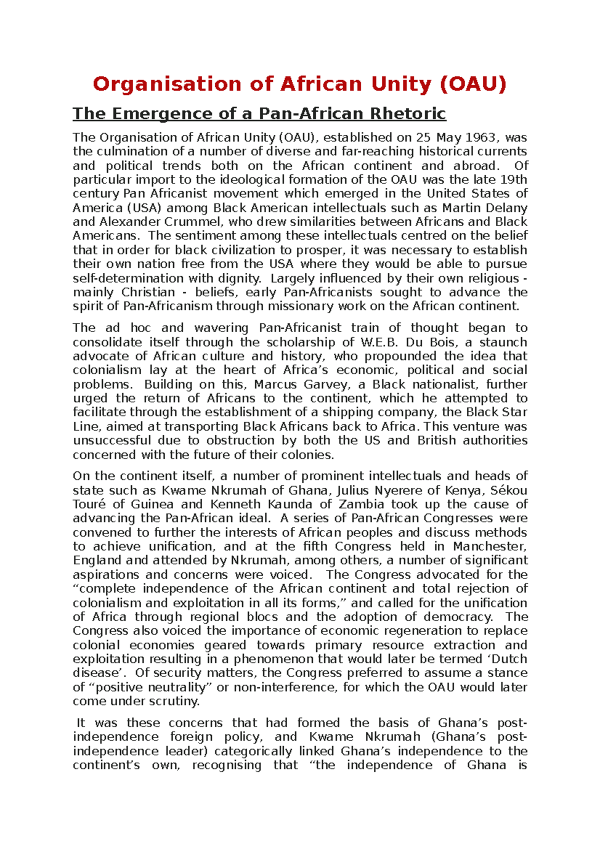 Organisation of African Unity - Of particular import to the ideological ...